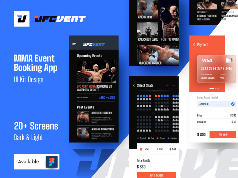 MMA Event Booking App UI Kit - Free Figma Resource | Figma Elements