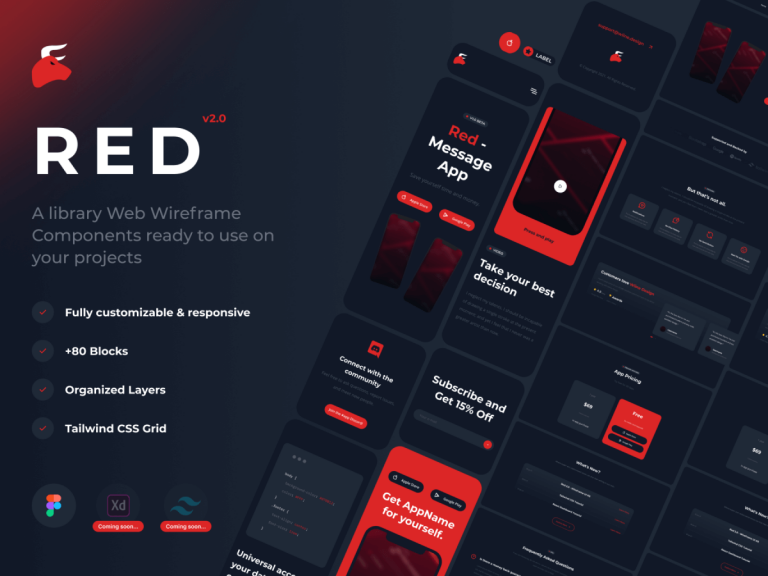 Red 2.0 - Wireframe UI Kit - Free Figma Resource | Figma Elements